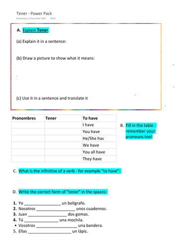 Tener Present Tense Worksheet | Teaching Resources
