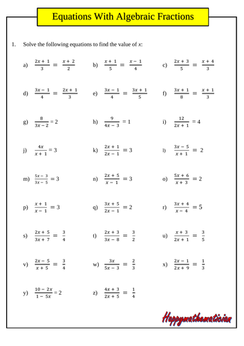 Over 100 Equations with Algebraic Fractions - With Answers | Teaching ...