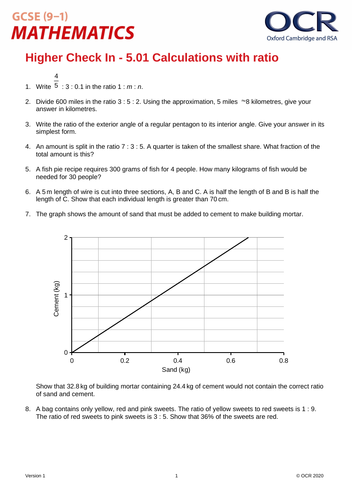 OCR Maths: Higher GCSE - Check In Test 5.01 Calculations with ratio ...
