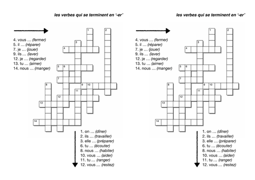 Crossword for French '-er' verb endings | Teaching Resources