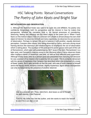 Talking Points - HSC Advanced Mod A: Keats/Bright Star | Teaching Resources