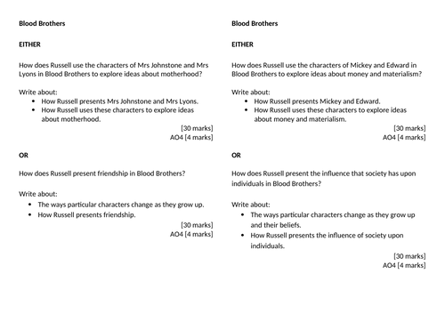 Blood Brothers GCSE Questions | Teaching Resources