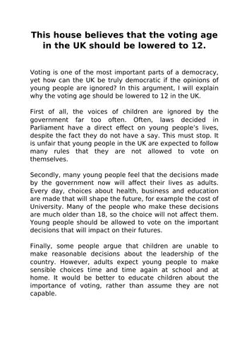 Voting Age Argument WAGOLL | Teaching Resources