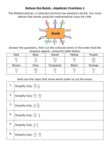 Defuse The Bomb - Algebraic Fractions | Teaching Resources