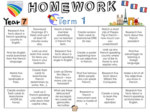Homework grid -Year 7 | Teaching Resources