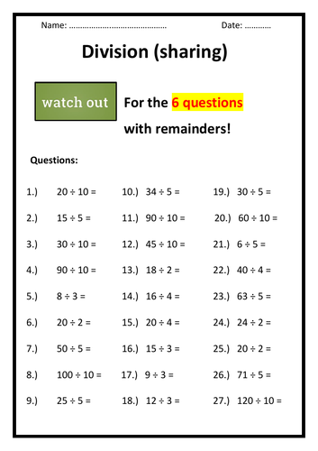 Year 3 Division Worksheets | Teaching Resources