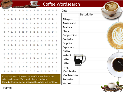 Coffee #3 Wordsearch Drinks Literacy Starter Activity Homework Cover ...
