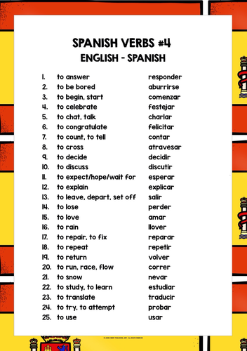 Spanish Verbs List Spanish Words For Beginners Learning Spanish