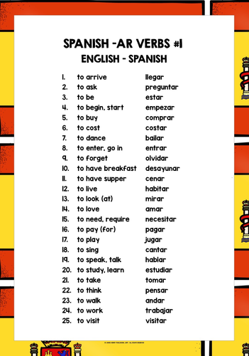 SPANISH AR VERBS LIST FREEBIE #1 | Teaching Resources