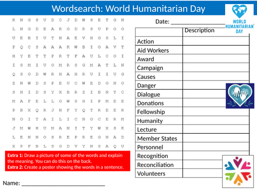 Humanitarian Day Wordsearch Puzzle Sheet Keywords Settler Starter Cover ...