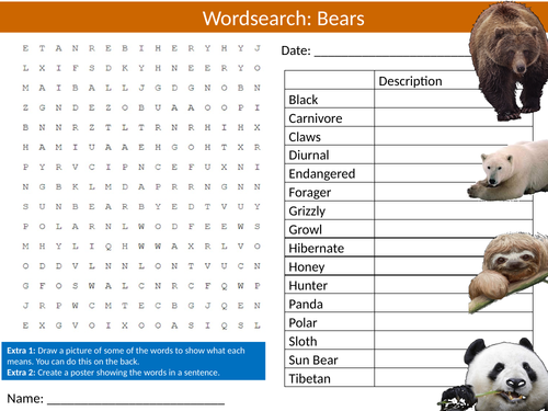 Bears Wordsearch Sheet Animals and Nature Starter Activity Keywords ...