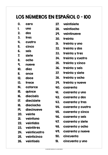 SPANISH NUMBERS 0-100 LIST FREEBIE #1 | Teaching Resources