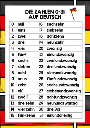 PRIMARY GERMAN NUMBERS 0-31 REFERENCE MAT | Teaching Resources