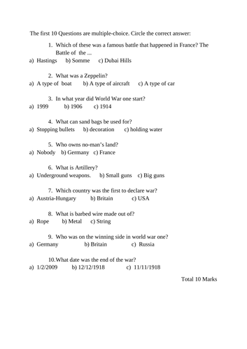 World War One test | Teaching Resources