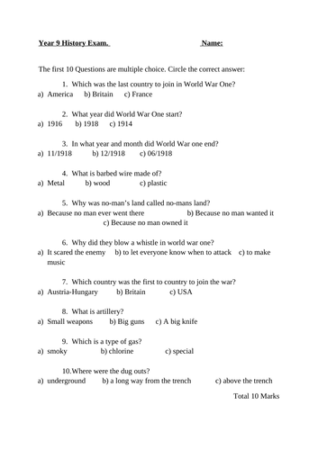 World War One test | Teaching Resources