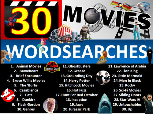 30 x Famous Movies Wordsearch Sheet Starter Activity Keywords Cover ...