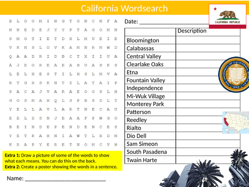 California Wordsearch Sheet US American State Starter Activity Keywords ...