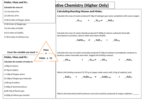 Quantitative Chemistry / Chemical Accounting Revision Question sheets ...