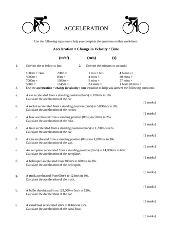 Acceleration, Velocity and Time Calculation Worksheet with Answers ...