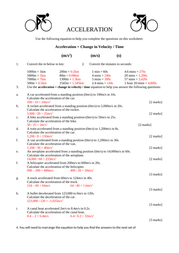 Acceleration, Velocity and Time Calculation Worksheet with Answers ...