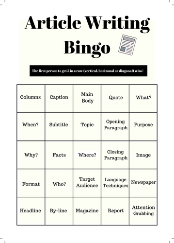 Functional Skills / English GCSE Language Article Writing Bingo X6 ...