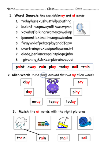 ai/ay digraphs worksheet Mrs Pryce's F. Phonics | Teaching Resources