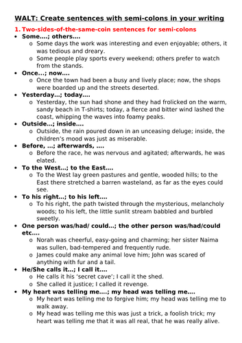 Semi-colons model sentences | Teaching Resources