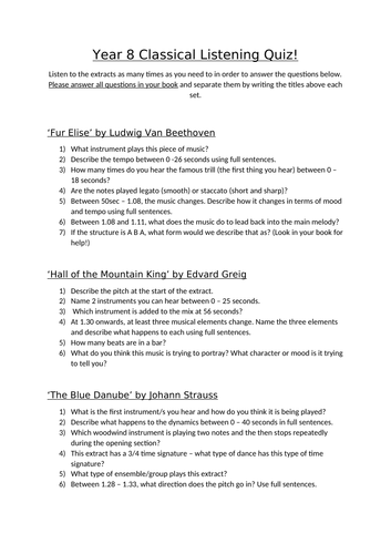 Classical music listening quiz - KS3 | Teaching Resources