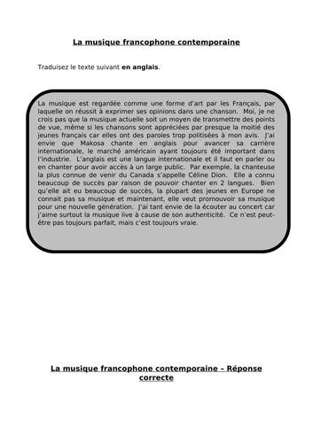 La musique - translation practice | Teaching Resources