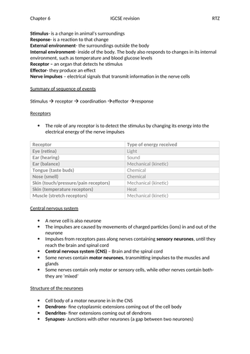 IGCSE International 9-1 Chapter 6 Nervous system | Teaching Resources