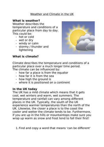 Climate and Weather in the UK Reading Comprehension | Teaching Resources