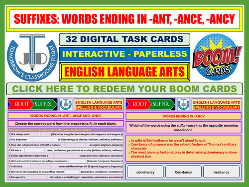 SUFFIXES: WORDS ENDING IN -ANT, -ANCE, -ANCY: 32 BOOM CARDS | Teaching ...