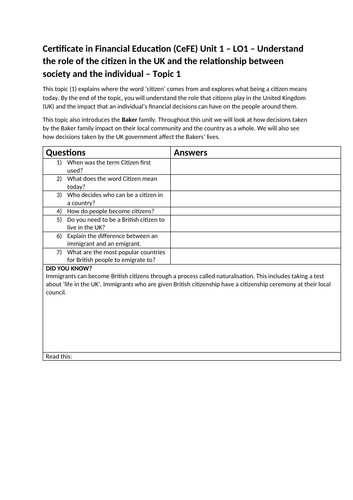 CEFE Unit 1 Topic 1 Q&A | Teaching Resources