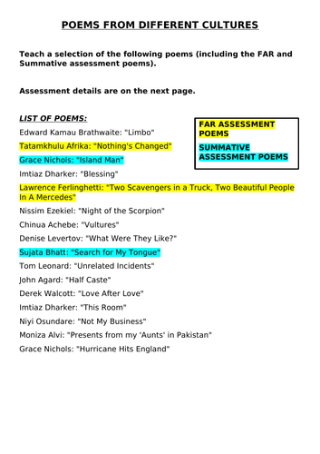 Year 9 poetry different cultures sow | Teaching Resources