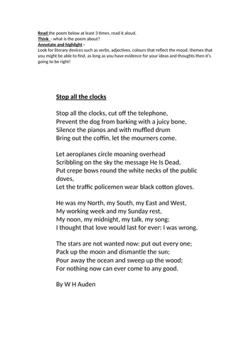 Unseen Poetry - Stop All the Clocks by WH Auden Lesson | Teaching Resources