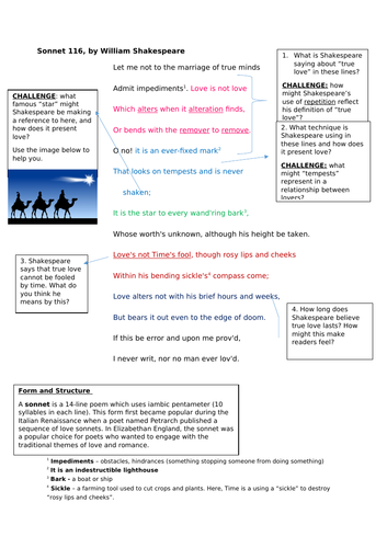 GCSE Unseen Poetry Shakespeare Sonnet 116 Analysis Task | Teaching ...