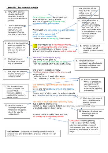 GCSE Poetry Anthology: "Remains" Analysis Task | Teaching Resources