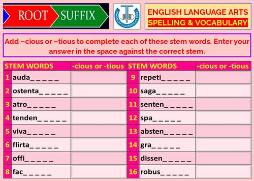 SUFFIXES: WORDS ENDING IN -CIOUS AND -TIOUS: 22 BOOM CARDS | Teaching ...