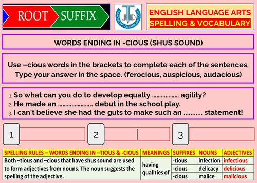 SUFFIXES: WORDS ENDING IN -CIOUS AND -TIOUS: 22 BOOM CARDS | Teaching ...