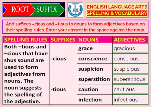 SUFFIXES: WORDS ENDING IN -CIOUS AND -TIOUS: 22 BOOM CARDS | Teaching ...