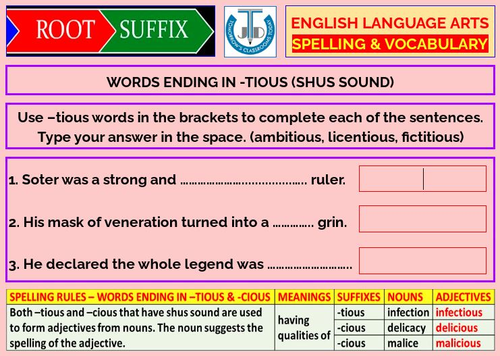 SUFFIXES: WORDS ENDING IN -CIOUS AND -TIOUS: 22 BOOM CARDS | Teaching ...