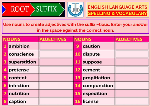 SUFFIXES: WORDS ENDING IN -CIOUS AND -TIOUS: 22 BOOM CARDS | Teaching ...