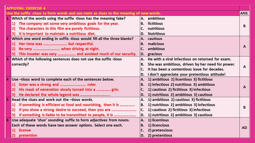 SUFFIXES: WORDS ENDING IN -CIOUS, -TIOUS - WORKSHEETS WITH ANSWERS ...