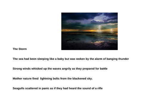 A writing mat for a storm using the senses and descriptive phrases ...