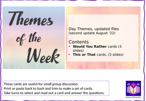 Themes of the Week, ideas for each day | Teaching Resources