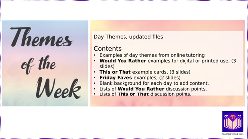 Themes of the Week, ideas for each day | Teaching Resources