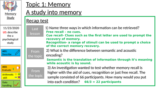 GCSE Psychology (AQA) Memory: Complete SoW (20 lessons) | Teaching ...