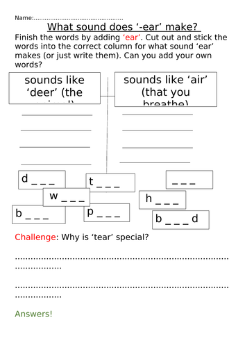 'ear' Powerpoint and Worksheet Phonics | Teaching Resources