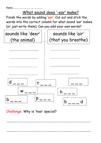 'ear' Powerpoint and Worksheet Phonics | Teaching Resources