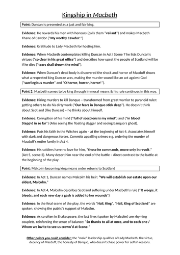Macbeth - essay plan on Kingship | Teaching Resources